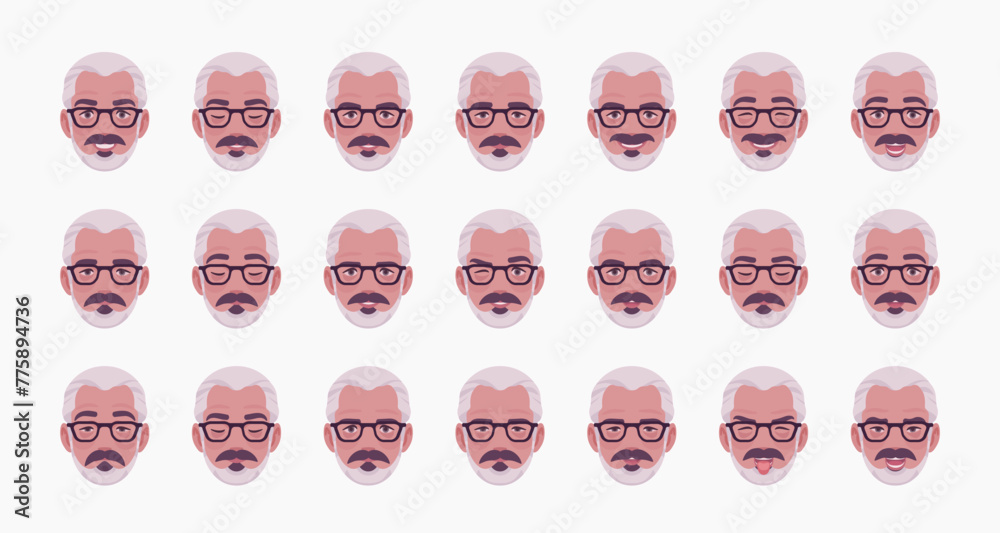 Retired old active senior man, male emotion set, elderly person, grey ...