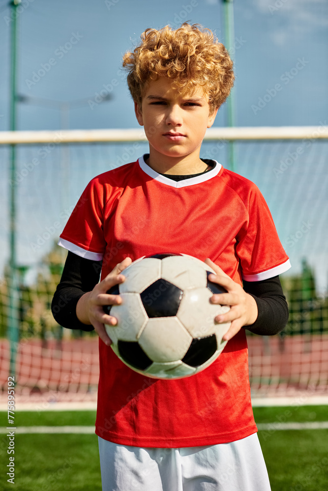 The bright green grass stretches endlessly around boy, under a clear ...