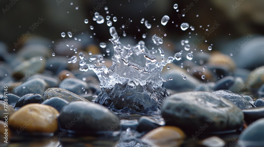 In a dynamic explosion, a water splash emanates from a thrown stone ...