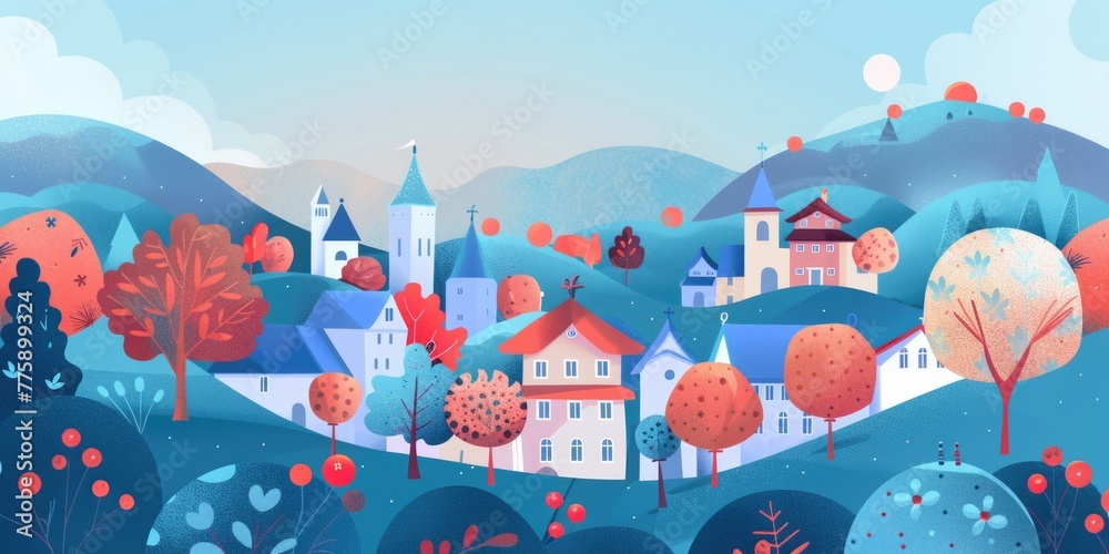 A colorful cartoon town nestled among lush trees and rolling hills ...