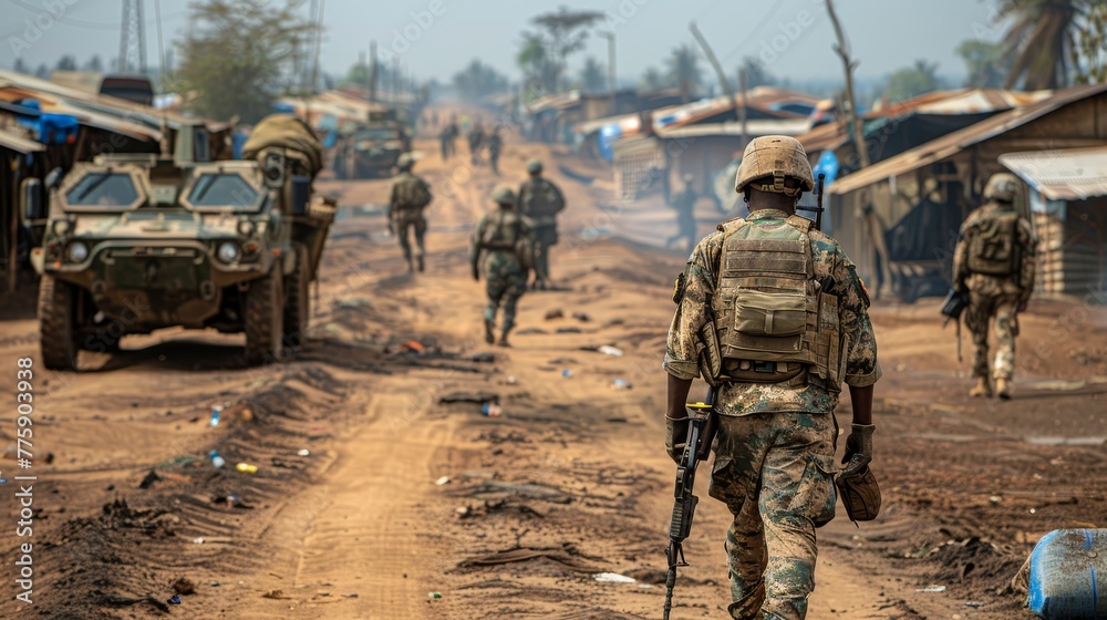 A group of soldiers are walking down a dirt road in a war zone. The ...