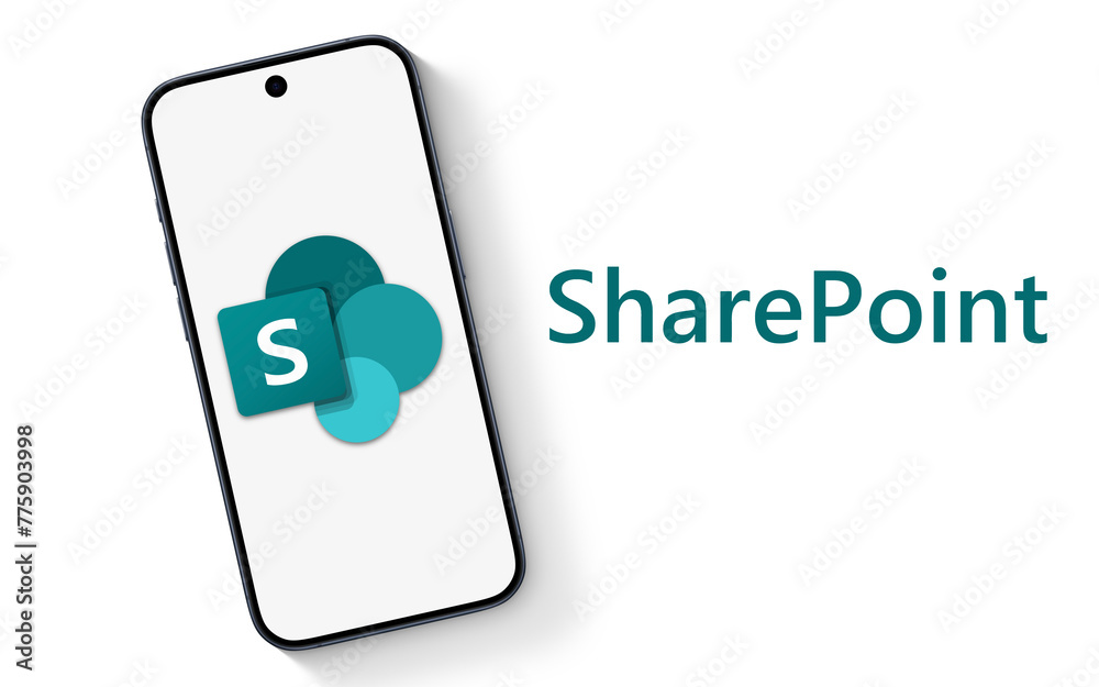 Microsoft Sharepoint logo is displayed on a smartphone, white ...