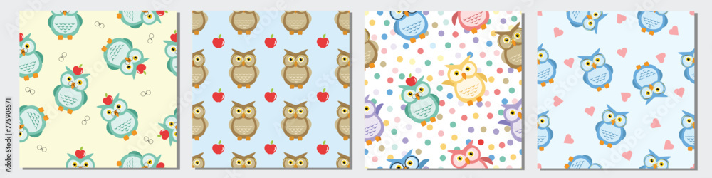 Cute big set collection of owls seamless patterns. Clever owls wearing ...