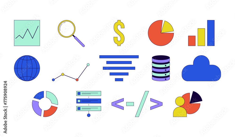 Vetor De Analytics Database Management 2d Linear Cartoon Objects Set Planning Chart Graph