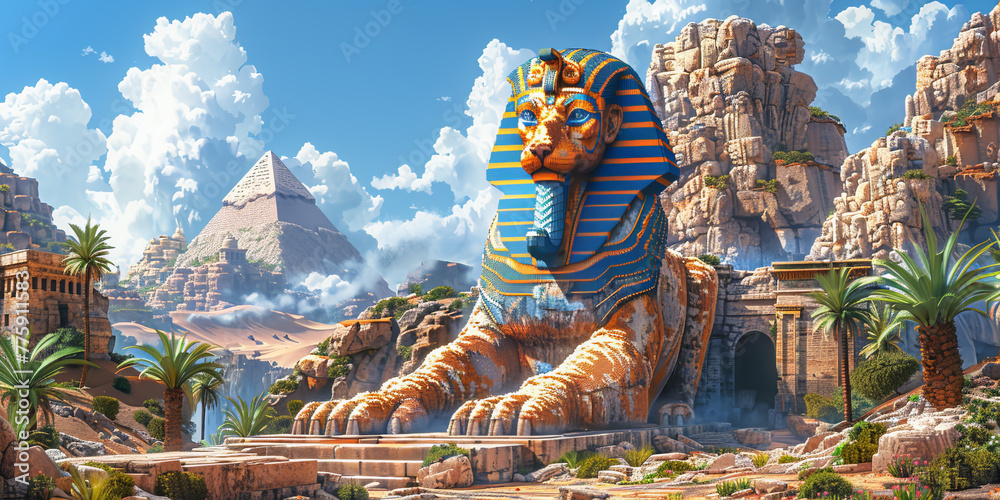 Enigmatic pixel sphinx guarding the entrance to a mystical cave Stock ...