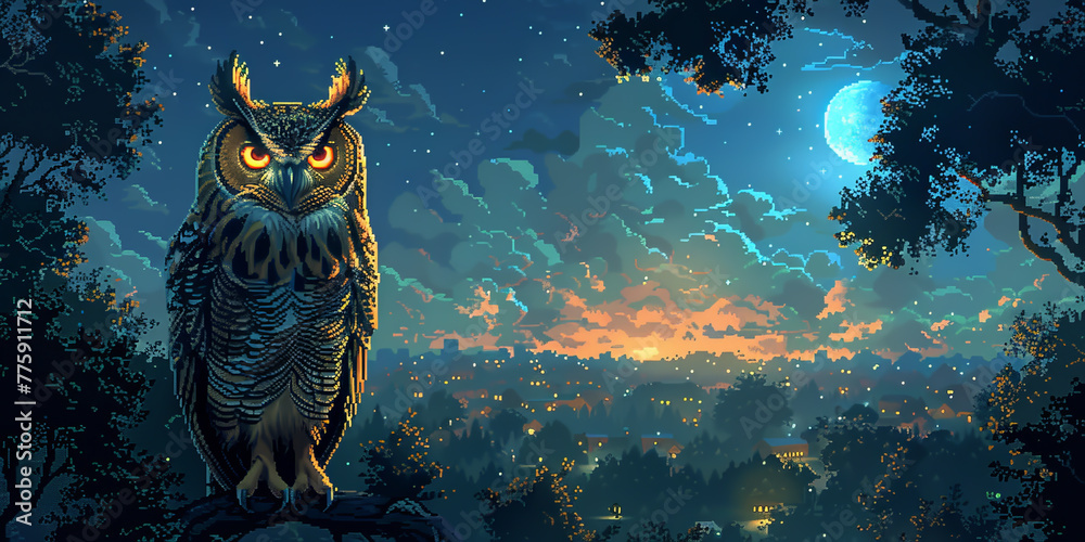 Pixel art giant owl carrying a message over a mystical forest at night ...