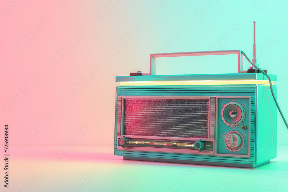 Radio illustration, 80s and 90s, retro colors on pastel green pink neon ...
