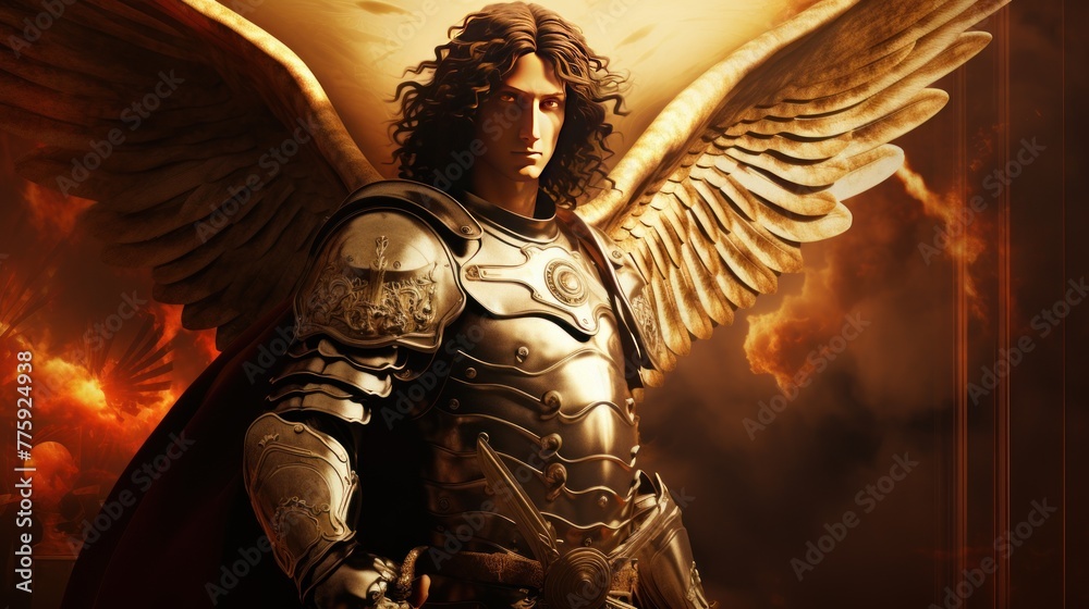 Archangel Michael with wings in knight armor with sword rises in sky ...