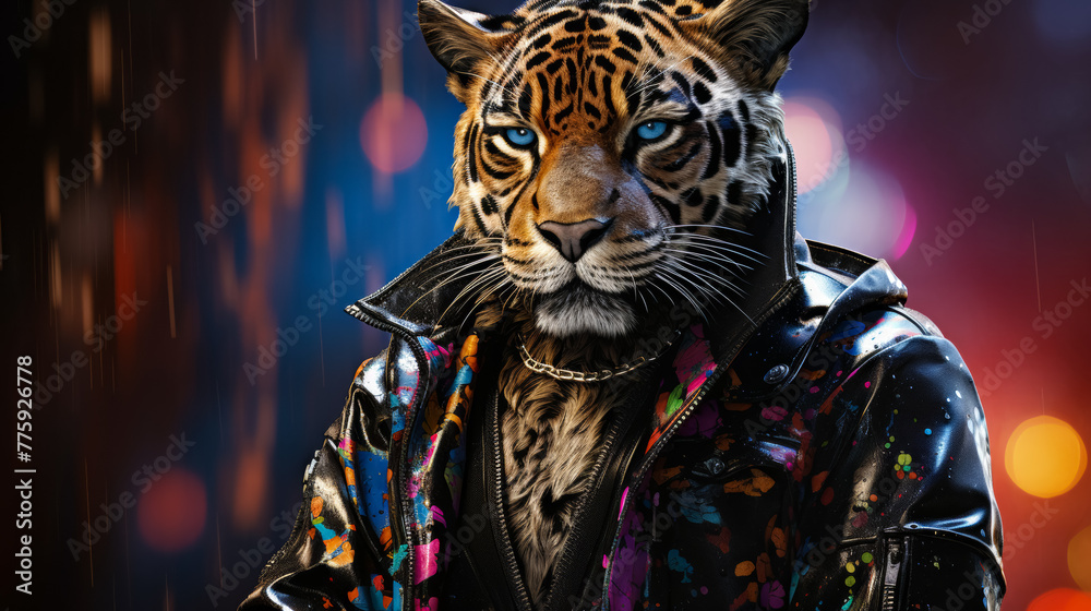 Visualize a sleek panther in a tailored jumpsuit, accentuated by ...