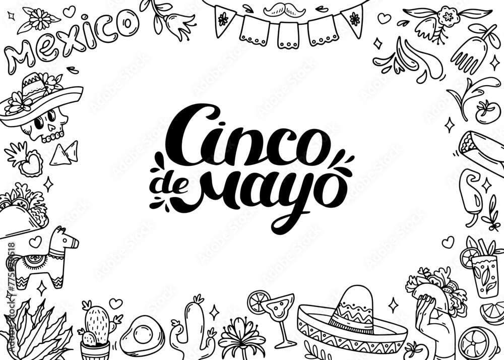 Cinco de mayo celebration background. Lettering and frame doodle ...