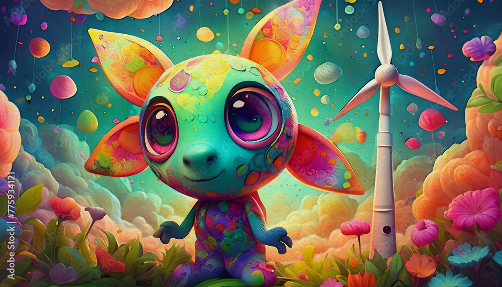 Oil painting style CHARACTER CUTE Wind turbine against blue sky Stock ...