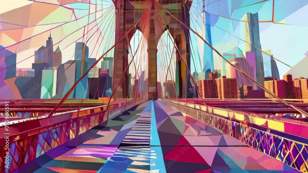 A colorful bridge spans the Brooklyn Bridge. The bridge is a work of ...