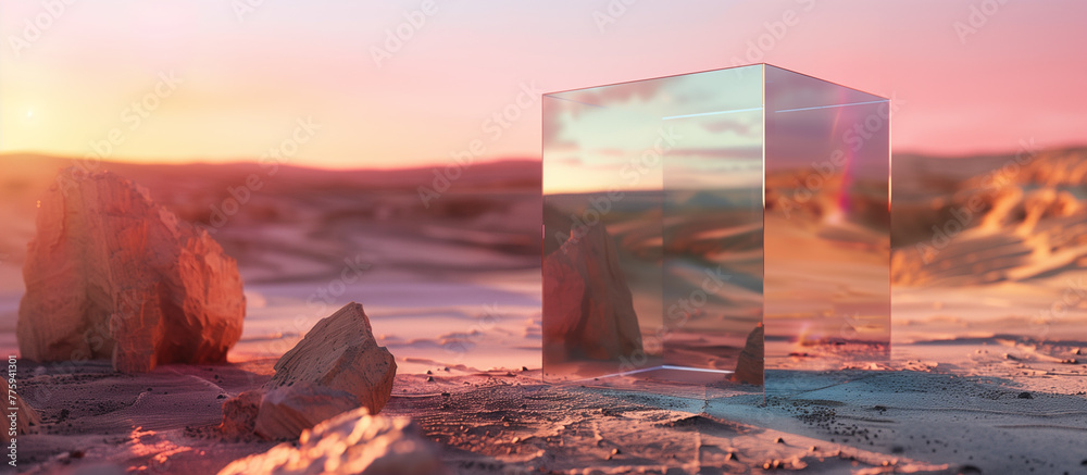 3d abstract forgotten world inside a transparent glass cube, sculpture ...