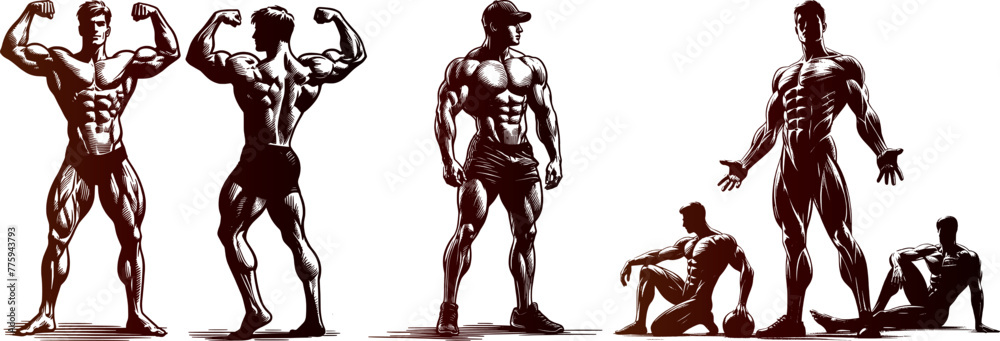 Gym Bodybuilder Set Engraving Pen and Ink Vector Illustration Stock ...