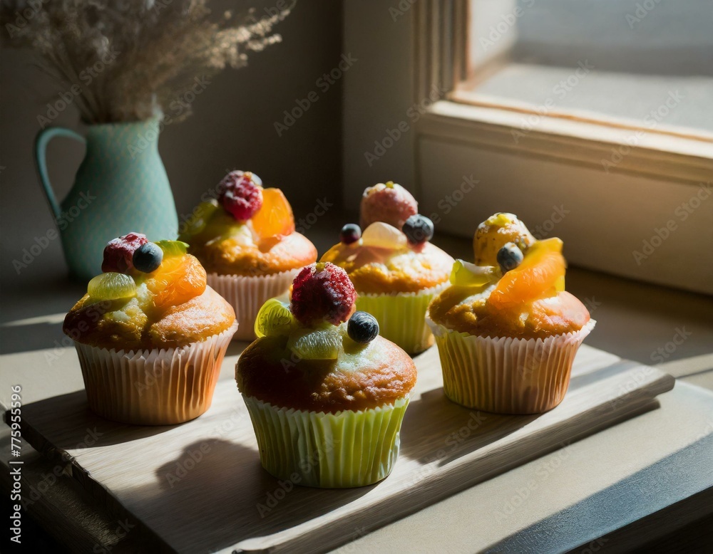 Gourmet muffins with exotic fruit toppings, displayed in an artisan ...