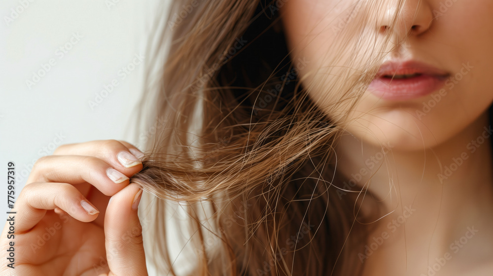 Symptoms of damaged hair, a woman holds a strand of hair with split ...