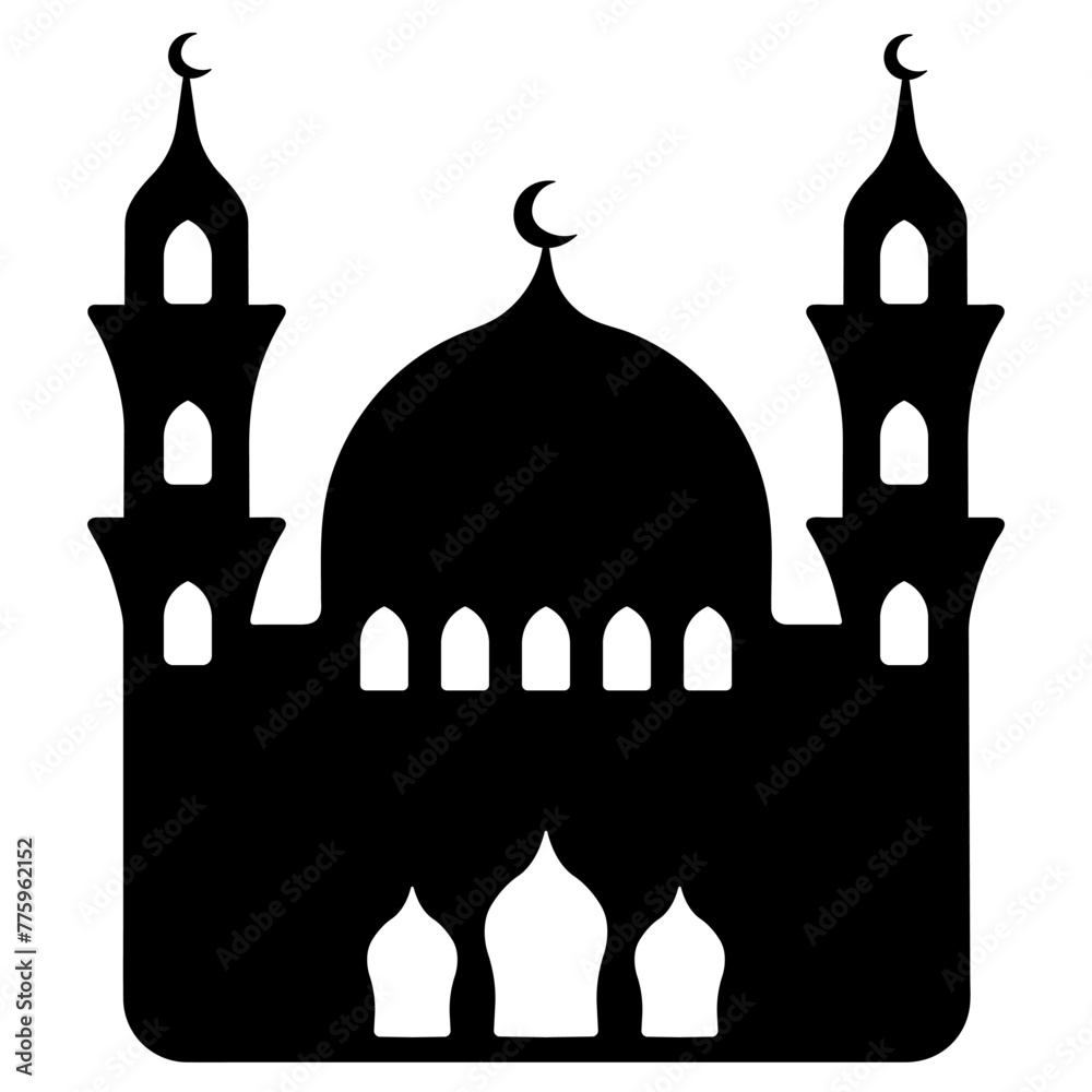 A mosque with minarets on the sides. Silhouette. Buildings with arched ...