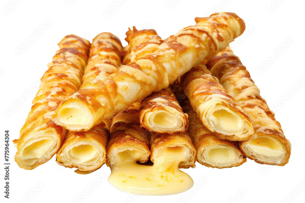 Many Crispy breaded fried cheese sticks, liquid hot cheese dripping out ...