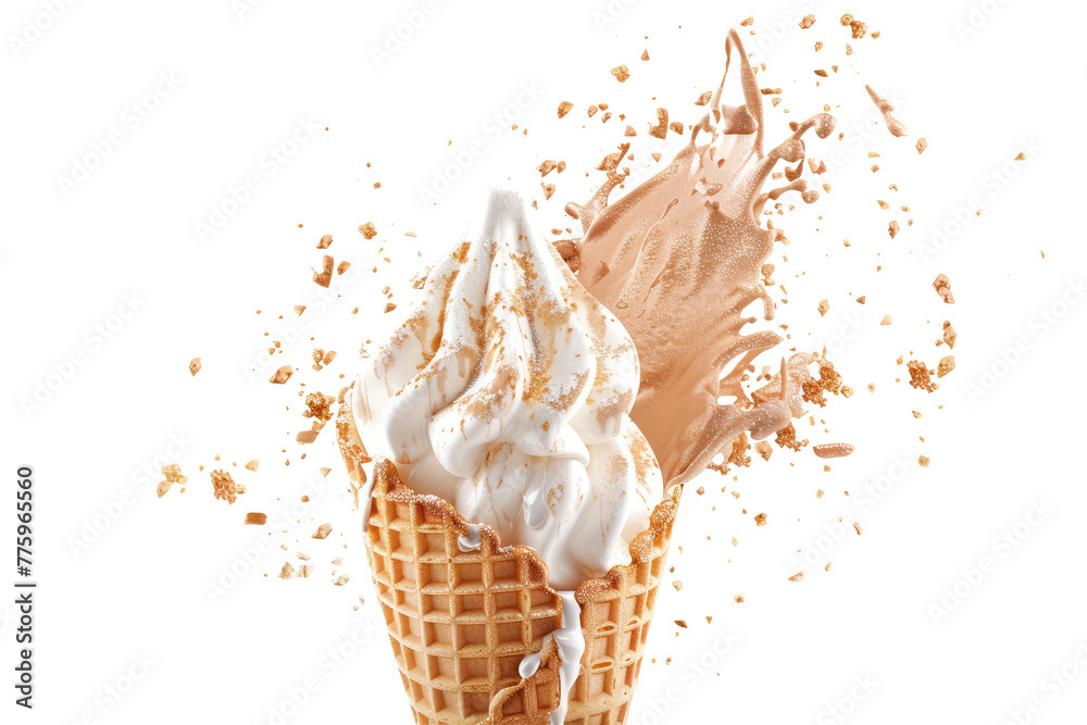 Exploding dairy ice cream in a waffle cone png, isolated on transparent ...