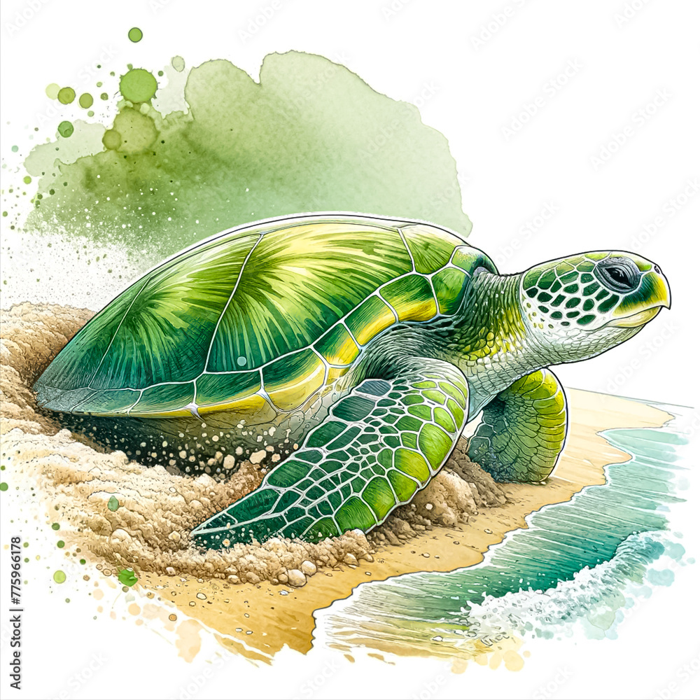 An illustration for turtle day, Green sea turtle nesting on the beach ...