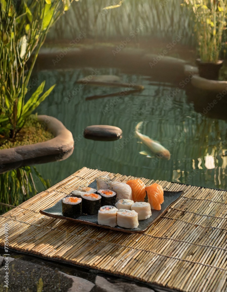 Delicate sushi pieces and rolls artfully arranged on a bamboo mat, set ...