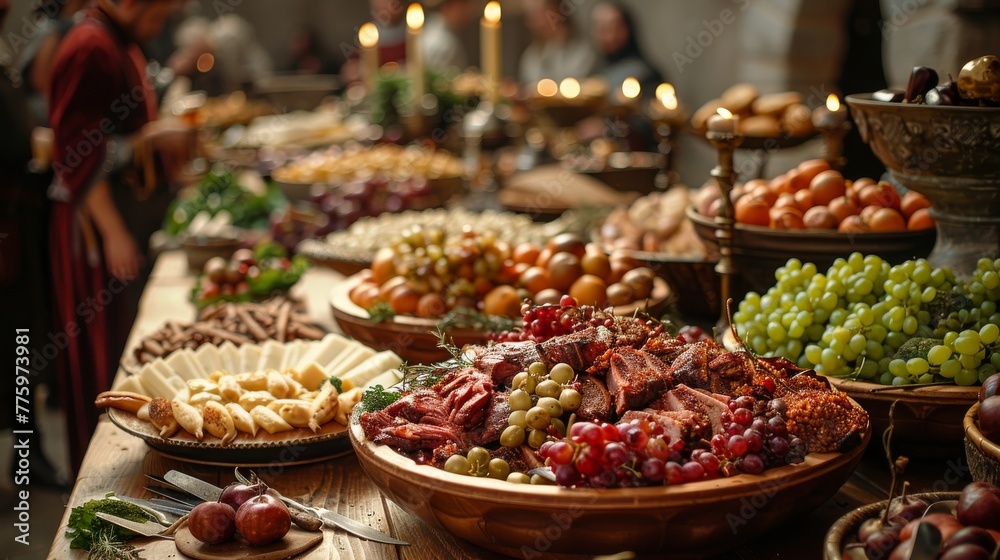 Medieval Banquet: Photograph a lavish banquet table with noble guests ...