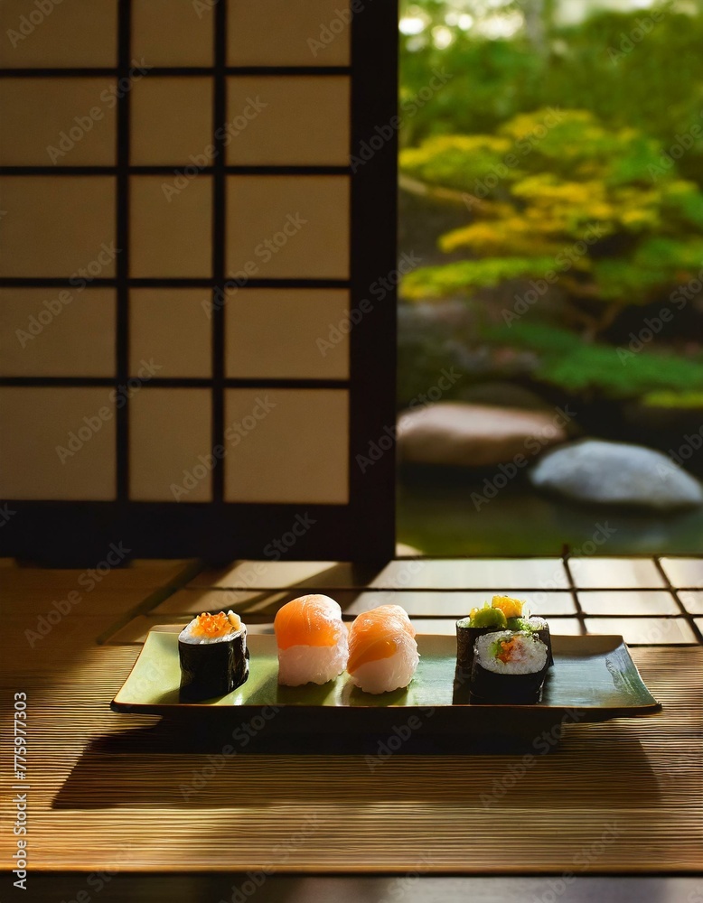 Sushi and rolls neatly presented on a lacquered tray on a tatami mat ...