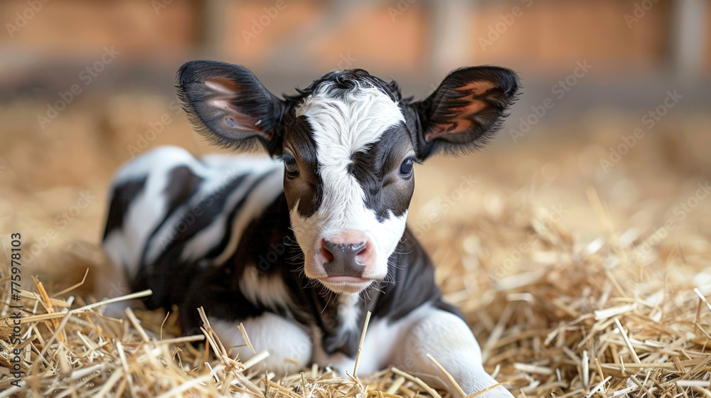 Cute young calf lying in straw on a dairy farm barn. In the nursery of ...