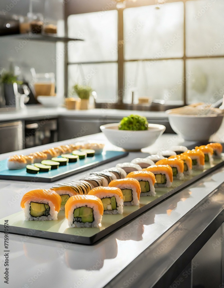 An array of sushi and rolls masterfully arranged on a polished counter ...