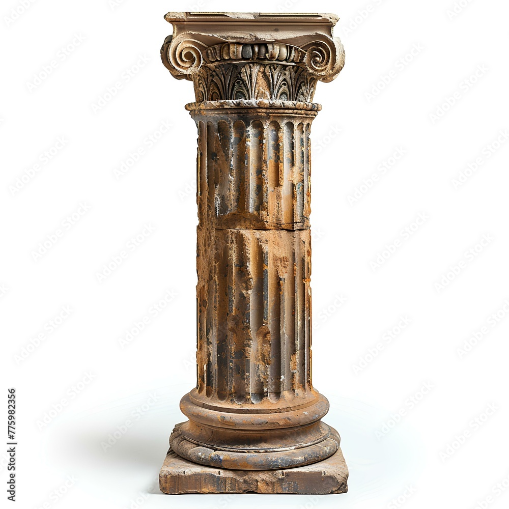 Old greek column isolated on white background with shadow. Green column ...
