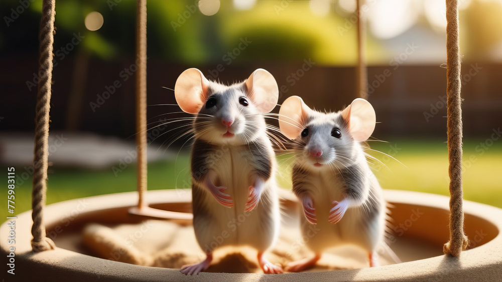 Little funny mice in bright clothes are having fun in the backyard of ...