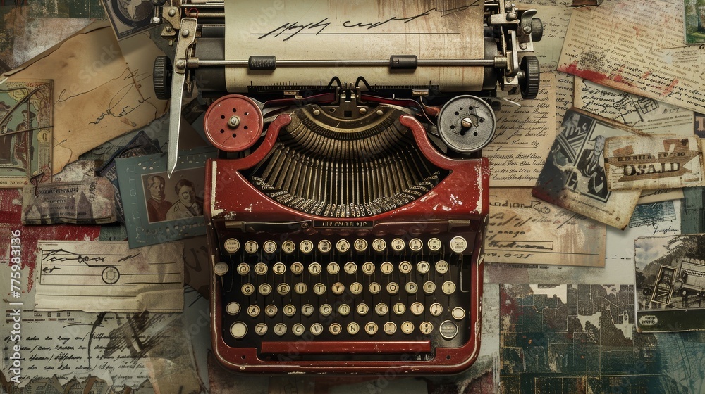 A vintage typewriter, its keys wellworn, set against a backdrop of old ...