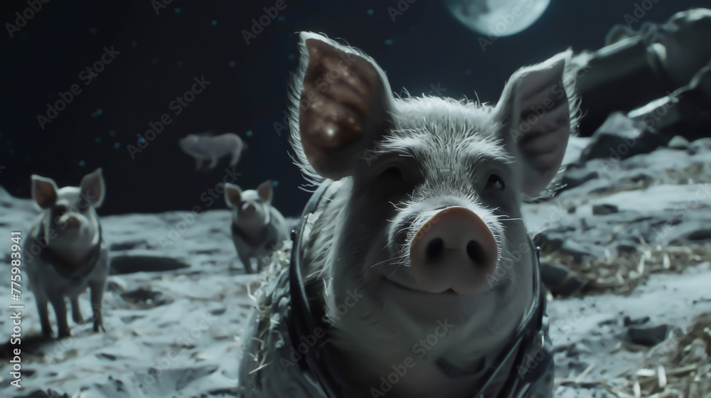 Space-suited pigs venture from their straw base to explore the moon's ...