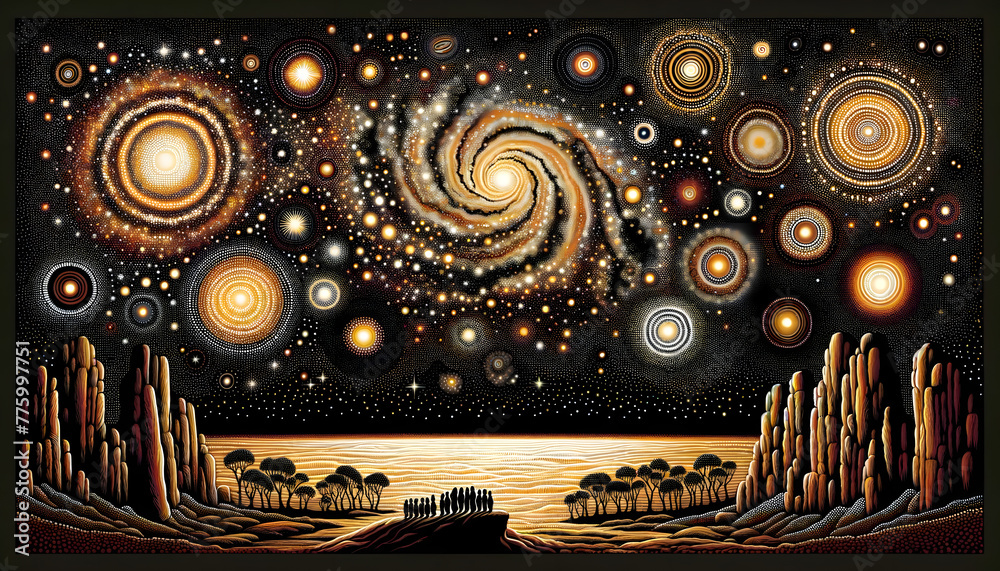 An illustration inspired by indigenous Australian art, portraying an ...