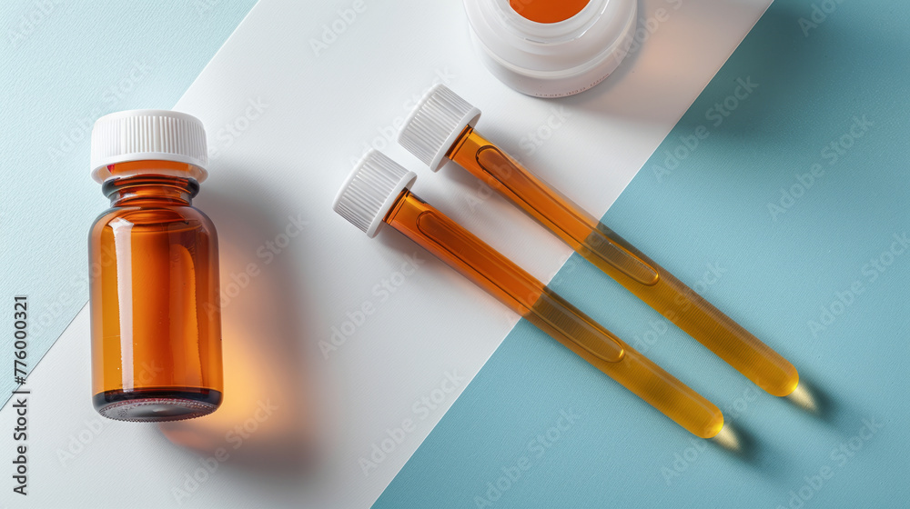 Urine samples in test tubes beside an empty vial, arrayed on a clinical ...