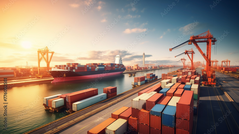 Crane loading cargo container import container ship in the ...