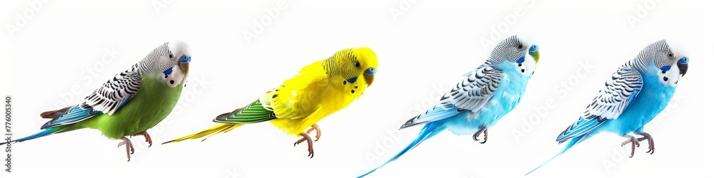 Budgerigars parakeets of 4 different colors, yellow blue green and ...