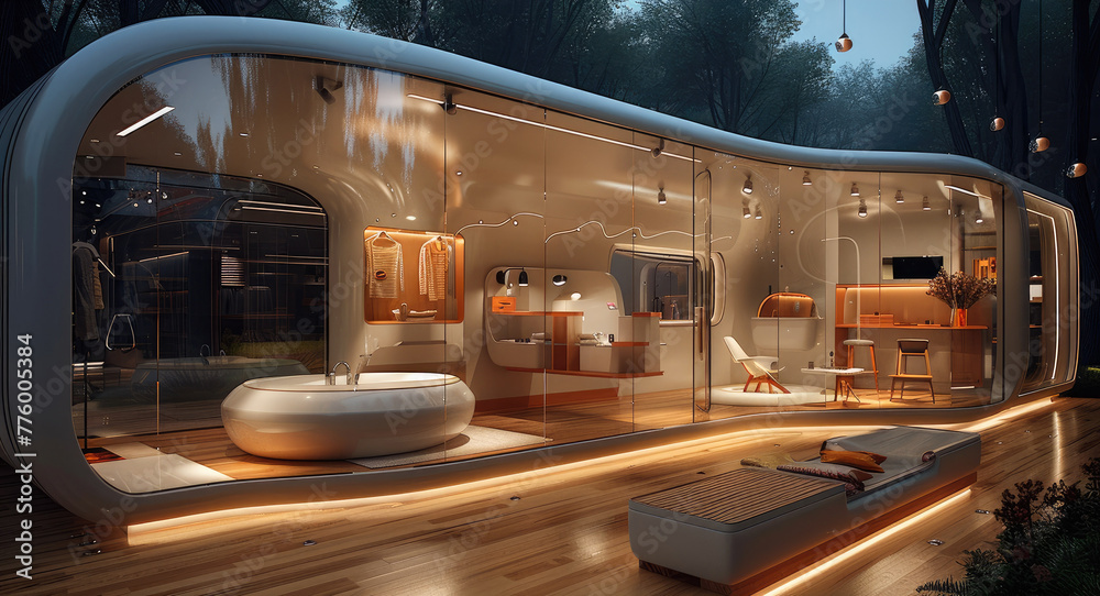 A little glass pop-up store with wood floor, futuristic, chill, camping ...