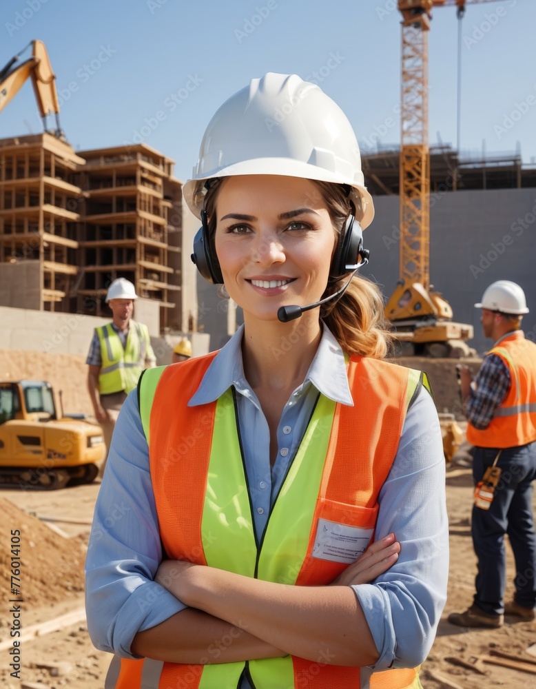 A smiling female construction supervisor stands confidently at a bustling construction site, her ...