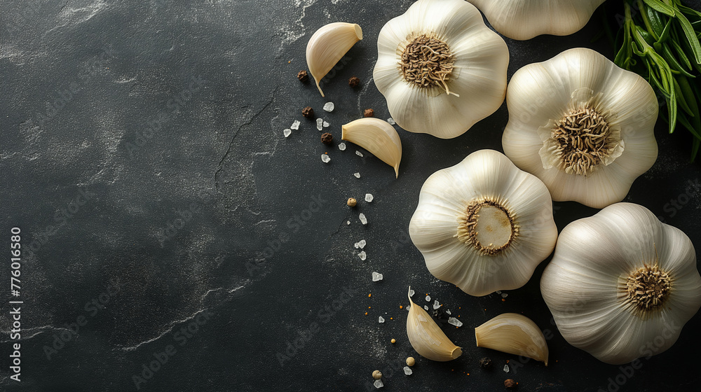 Fresh garlic on the black backgrounds top view. Organic garlic. Food ...