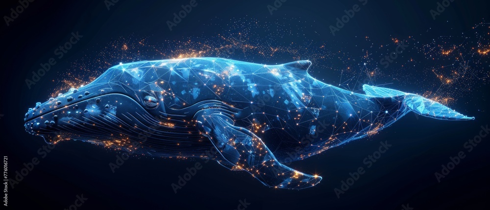 Polygonal blue whale. illustration of a starry sky or Comos. A whale ...