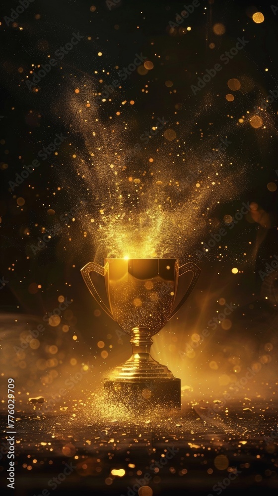 An ornate trophy emanating a mystical flame and golden dust, evoking a ...