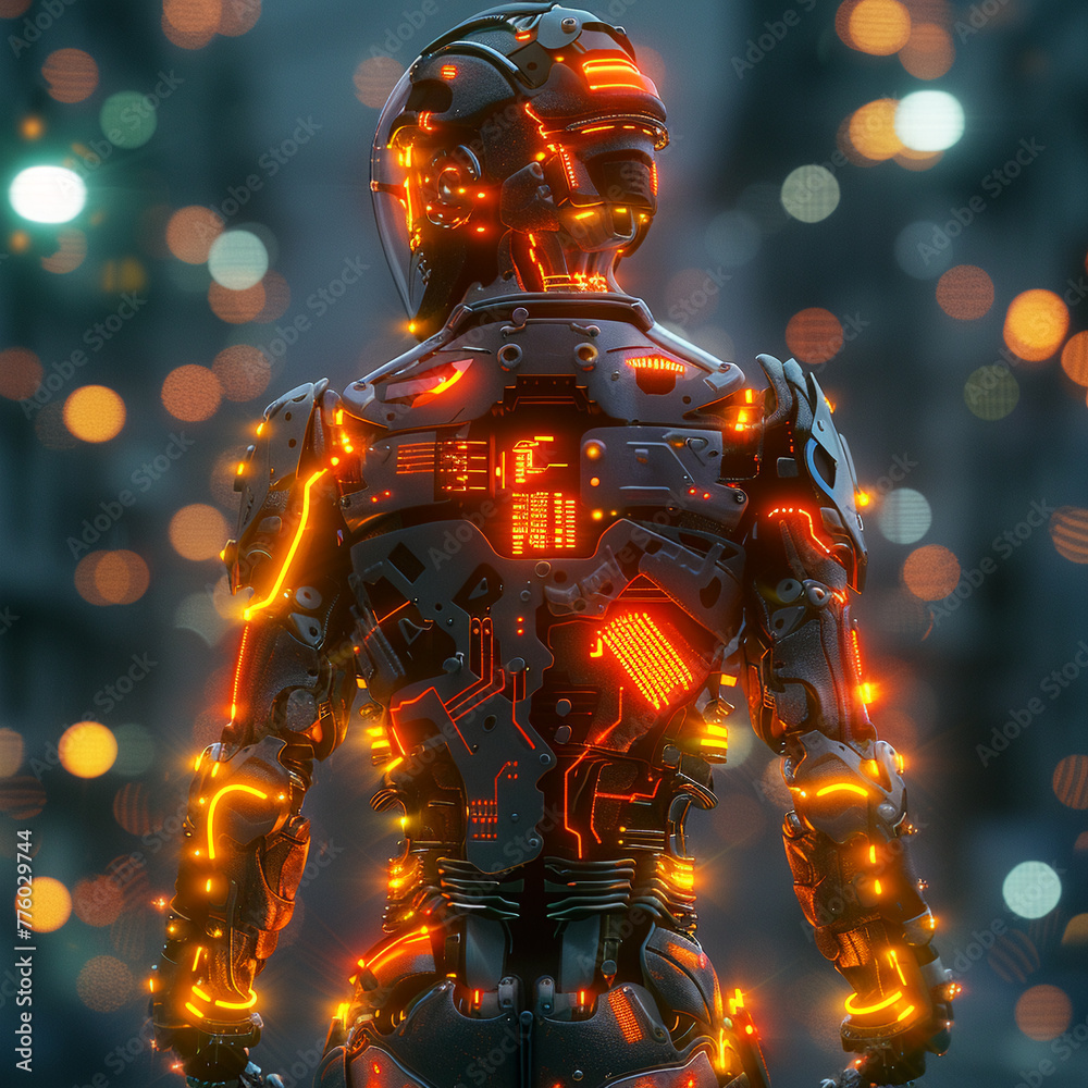 Cybernetic Being, glowing circuits, human-machine hybrid, navigating a ...