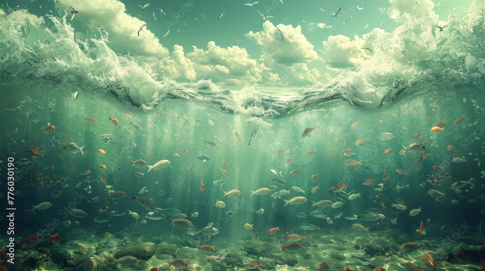Otherworldly tableau: Surreal scene featuring fish soaring through the ...