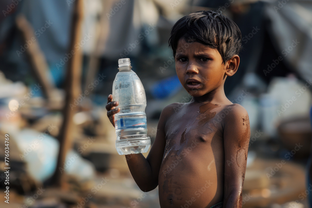 Poor dirty Indian boy with a bottle of water in the slums. Lack of ...