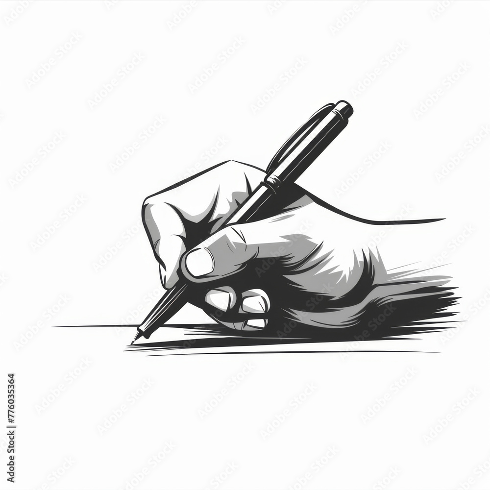 Black and white illustration of a hand elegantly holding a pen, poised ...