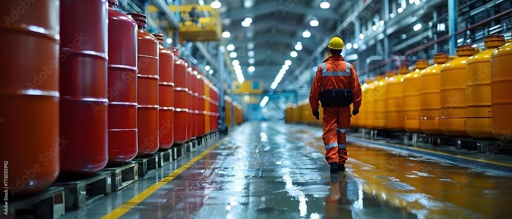 Worker inspects chemical storage drums checking inventory and ...