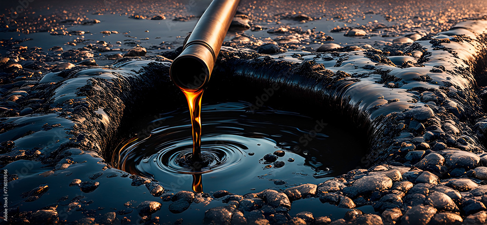 A pipe leaking oil or oil derivatives into a hole in the ground ...