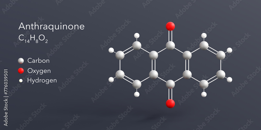 anthraquinone molecule 3d rendering, flat molecular structure with ...