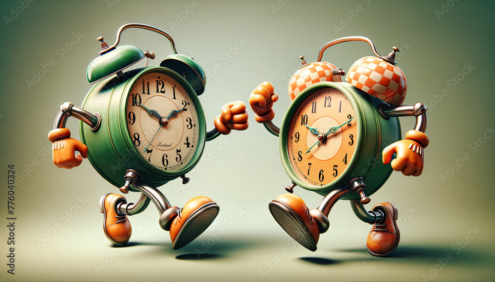 Construct of two vintage alarm clocks with anthropomorphic features ...